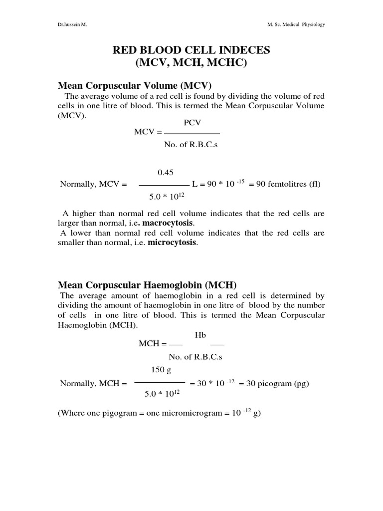 Red Blood Cell Indeces (MCV, MCH, MCHC) : Mean Corpuscular Volume (MCV ...