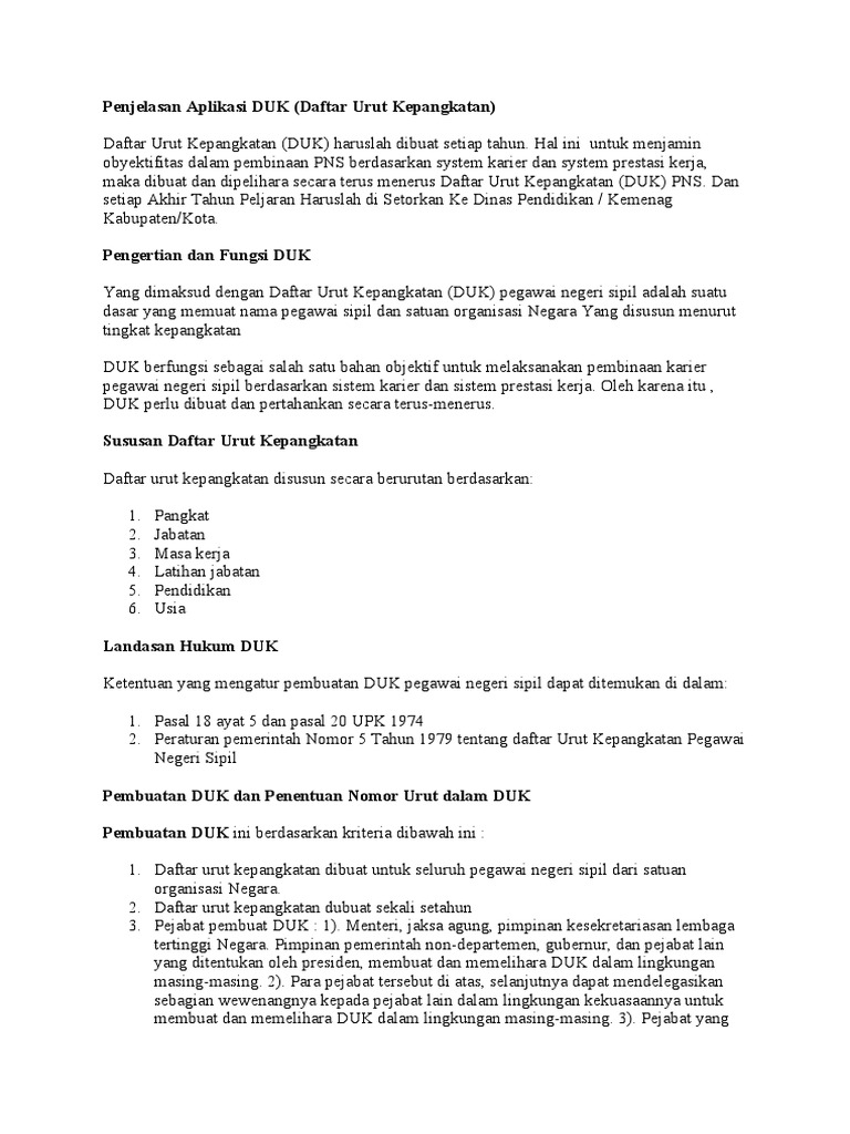 Penjelasan Aplikasi DUK (Daftar Urut Kepangkatan) | PDF