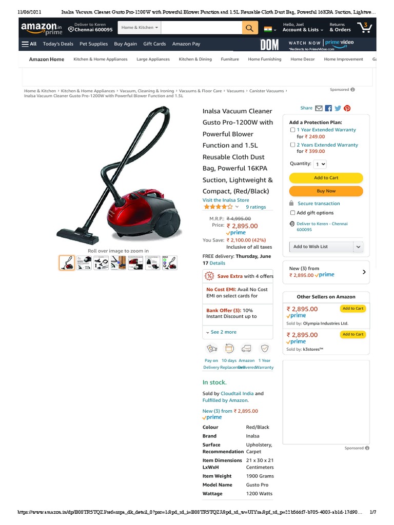 Inalsa Vacuum Cleaner Gusto Pro-1200W With Powerful Blower Function and ...