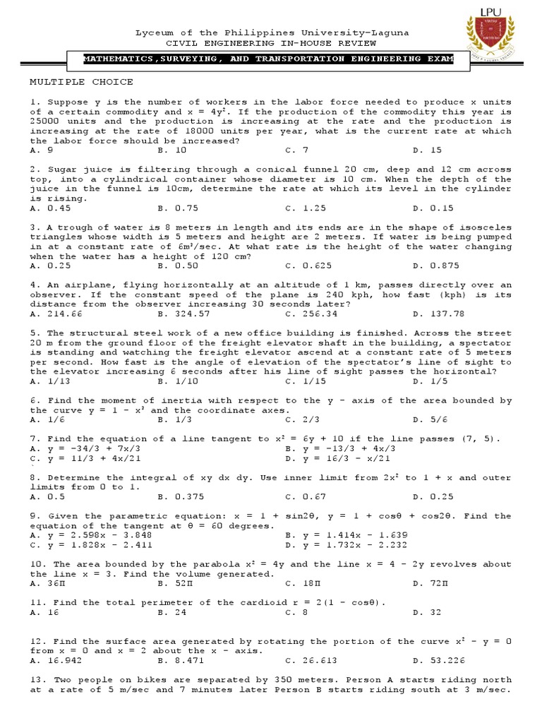 Multiple Choice: Mathematics, Surveying, and Transportation Engineering ...
