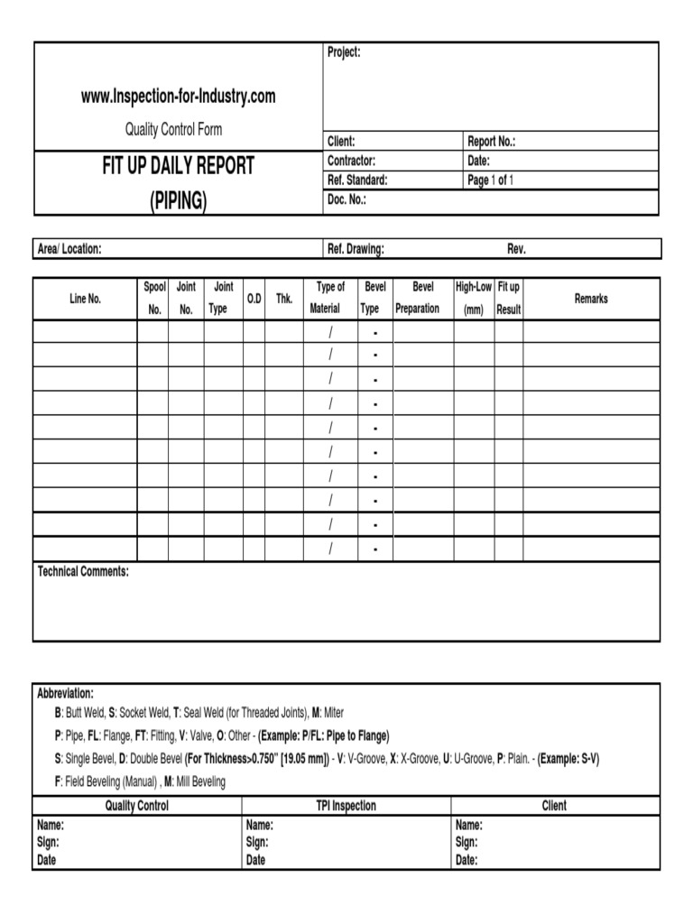 Piping Daily Fit Up Quality Control and Inspection Report Form | PDF ...