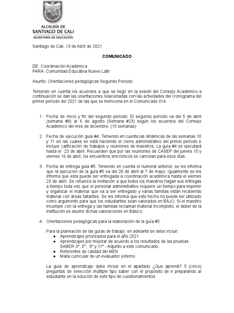 Comunicado 017 - Orientaciones Pedagógicas Segundo Periodo | PDF | Cuestionario | Cognición