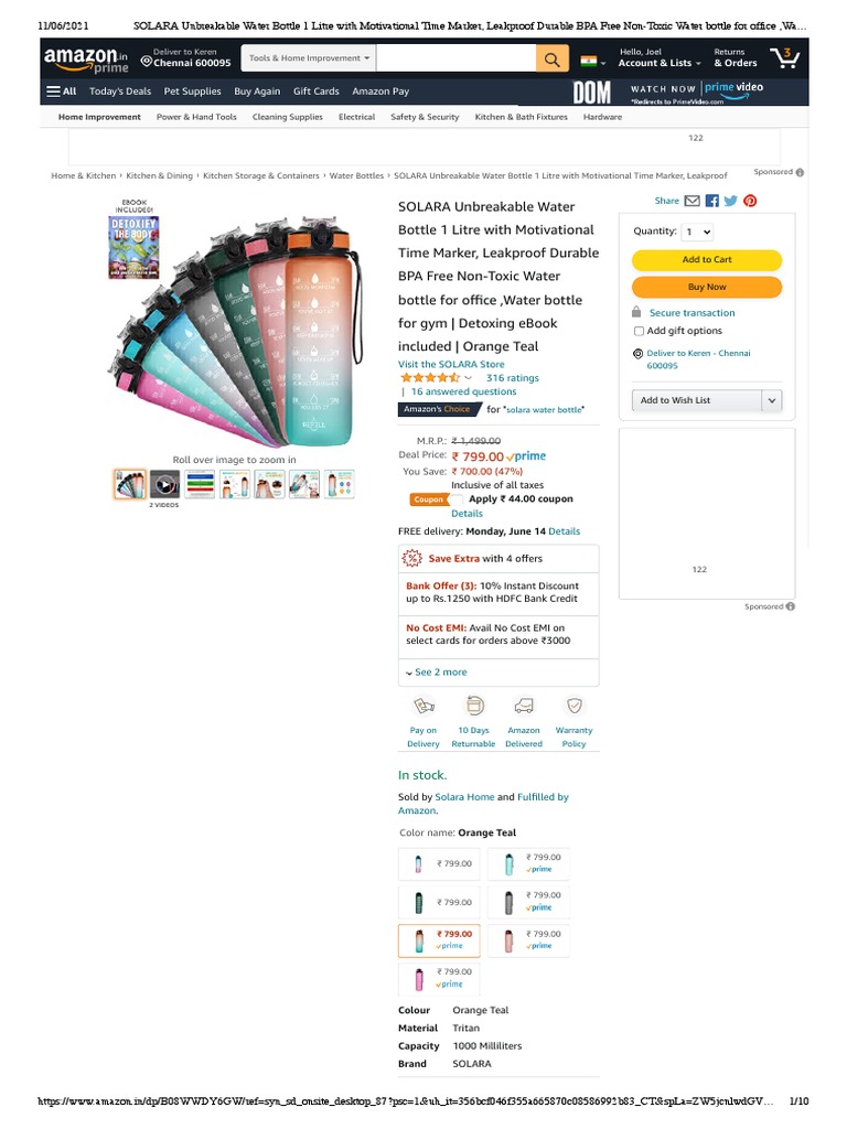 SOLARA Unbreakable Water Bottle 1 Litre with Motivational Time Marker ...