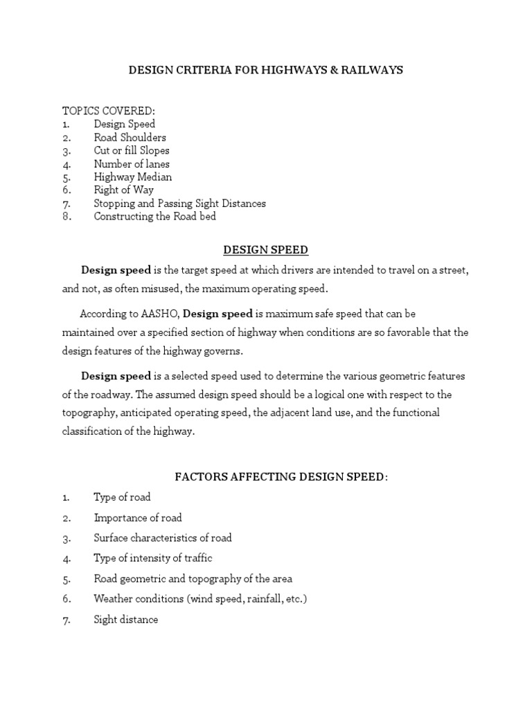 Group 3 DESIGN CRITERIA FOR HIGHWAYS AND RAILWAYS | PDF | Lane | Road