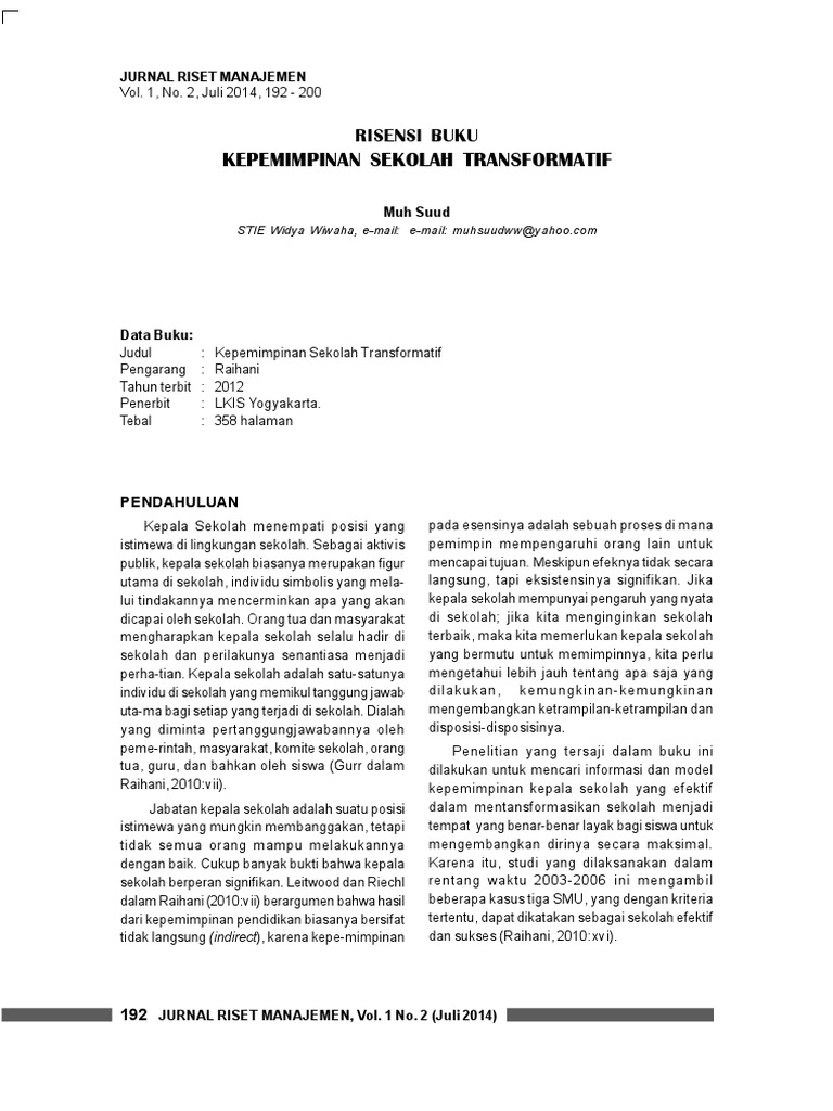 Kepemimpinan Sekolah Transformatif: Risensi Buku | PDF
