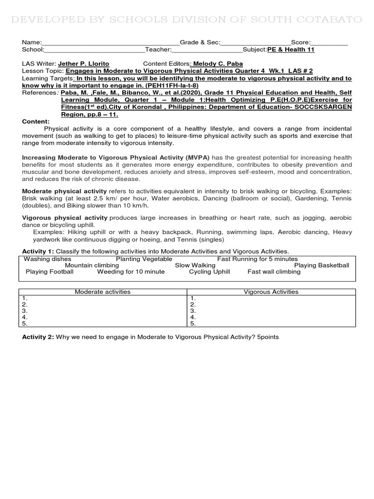Moderate to Vigorous Physical Activities Guide | PDF | Physical ...