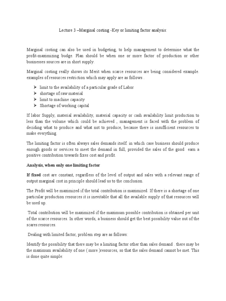 Lecture 3 - Marginal Costing - Key or Limiting Factor Analysis | PDF ...