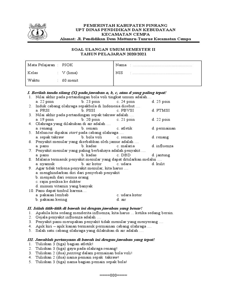 Soal Pjok | PDF | Karier & Perkembangan | Olahraga & Rekreasi