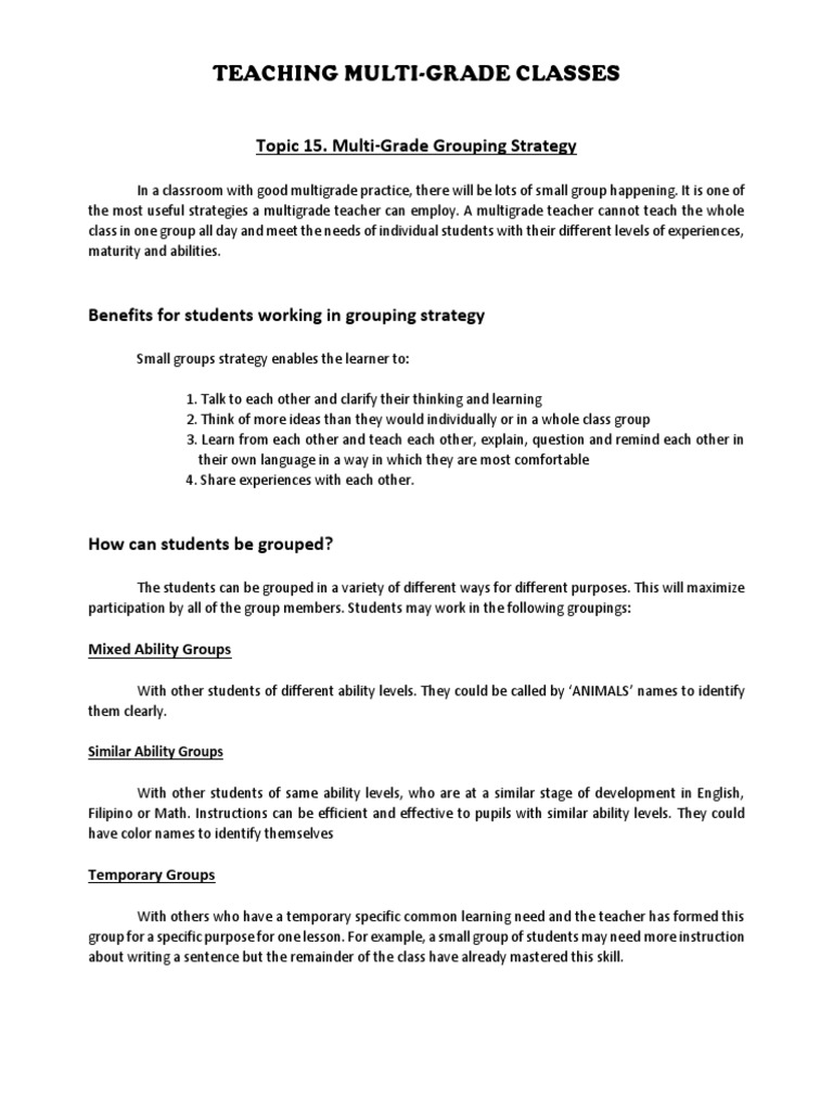 Multi Grade Grouping Strategy | PDF | Teachers | Classroom