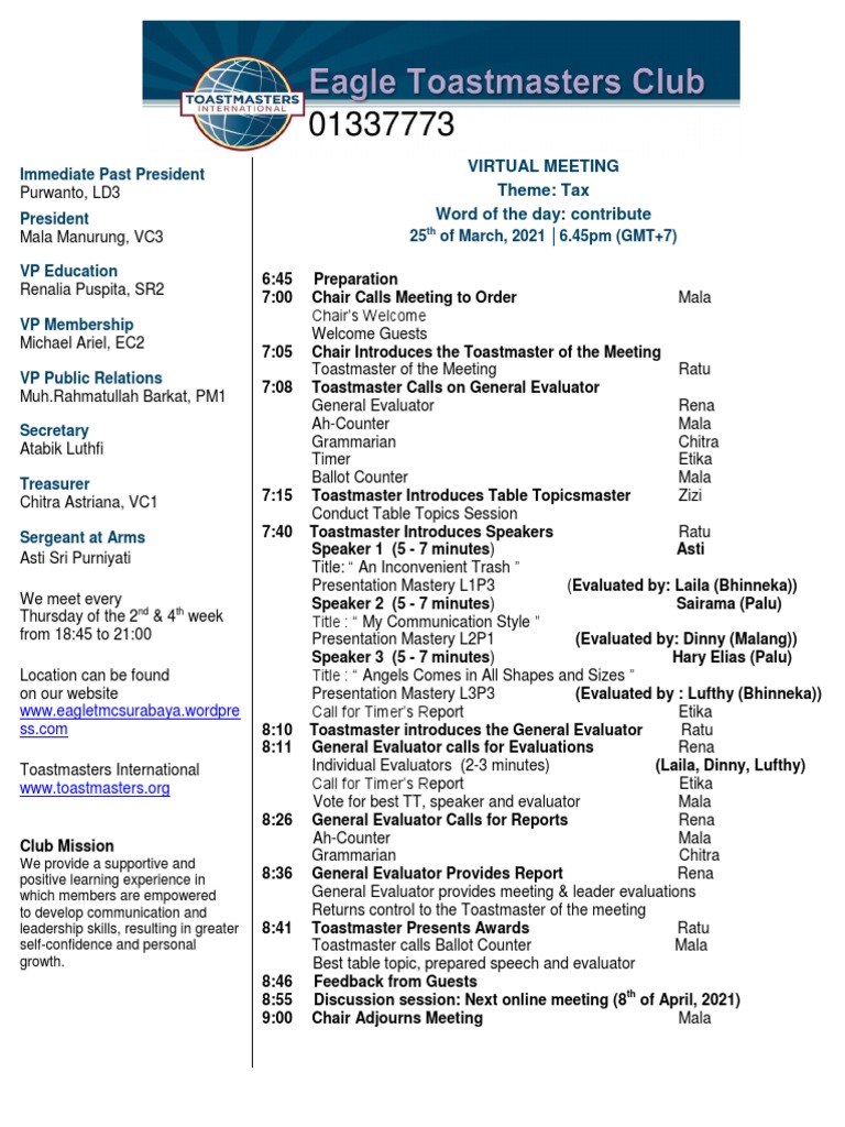 Toastmasters Meeting Agenda | PDF | Psychological Concepts | Human Nature