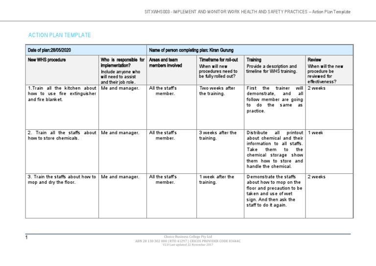 Assessment A - Action Plan Template | PDF | Safety | Wellness
