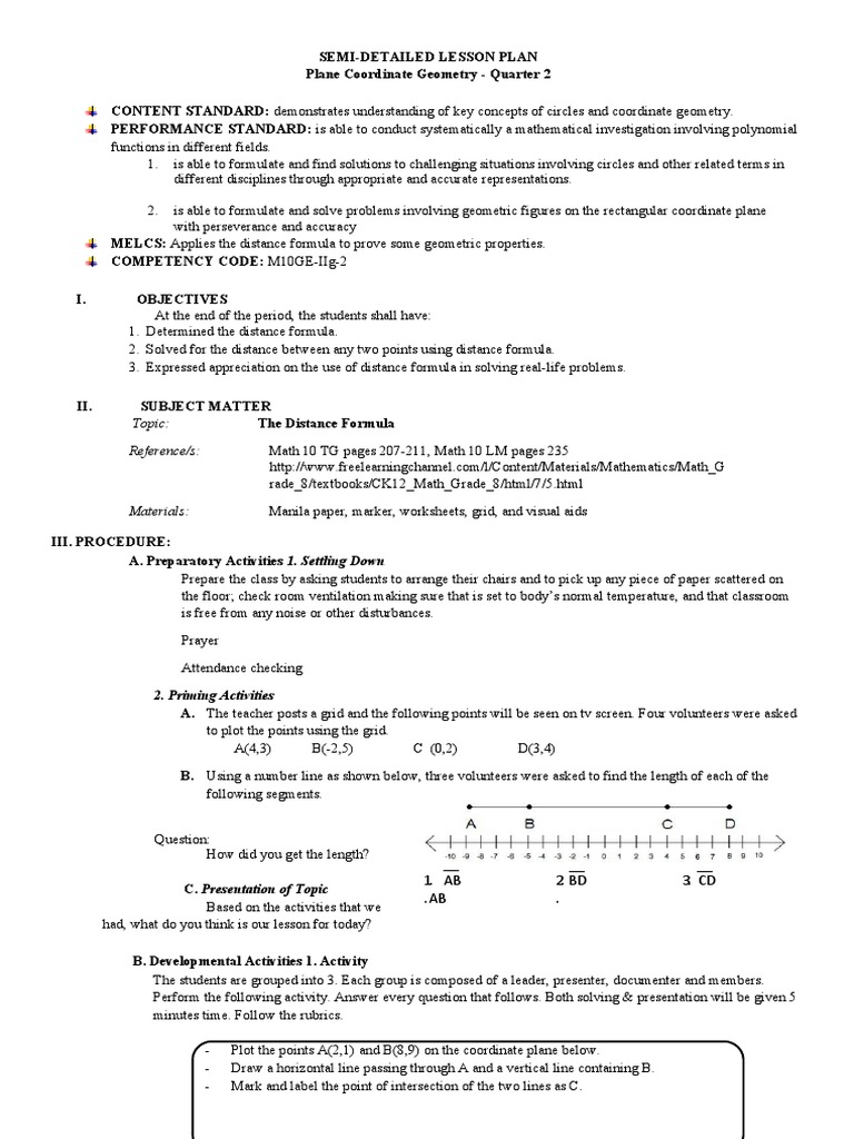 Semi Detailed Lesson Plan in Distance Formula | PDF | Distance | Geometry