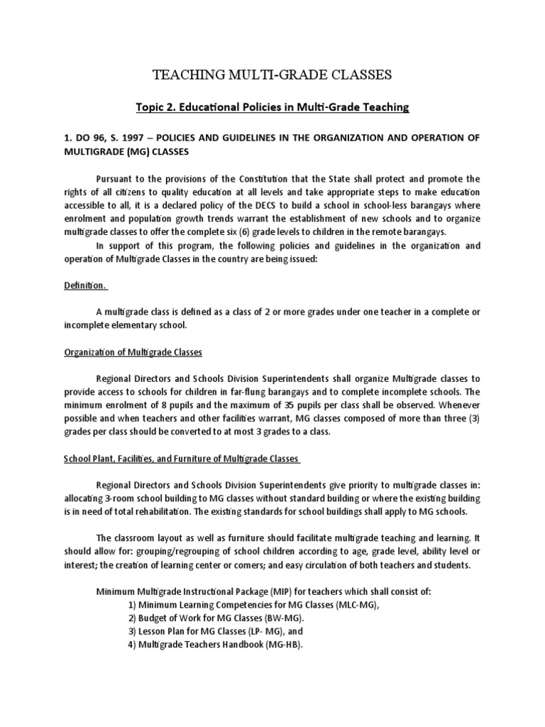 Topic 2. Educational Policies in Multi-Grade Teaching | PDF | Teachers ...