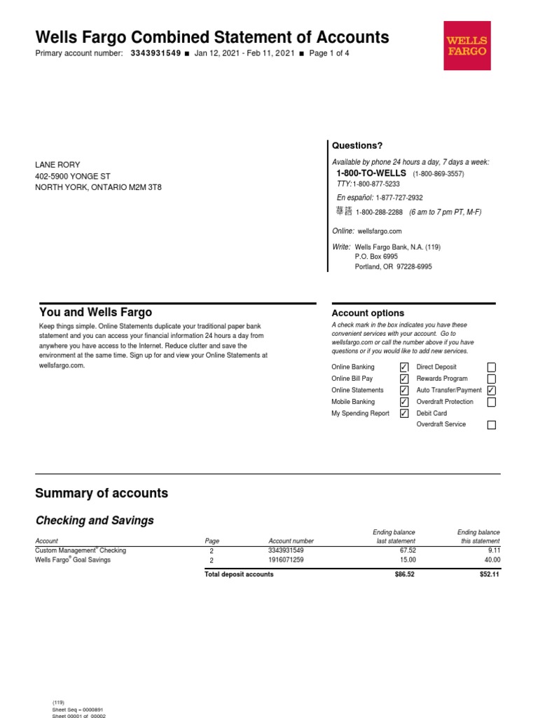 Wells Fargo Combined Statement of Accounts | PDF | Overdraft | Transaction Account