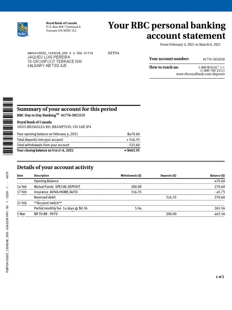 Your RBC Personal Banking Account Statement | PDF | Deposit Account | Banks