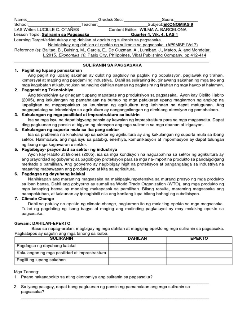 Ap 9, Quarter 4, Week 4, Las 1 | PDF