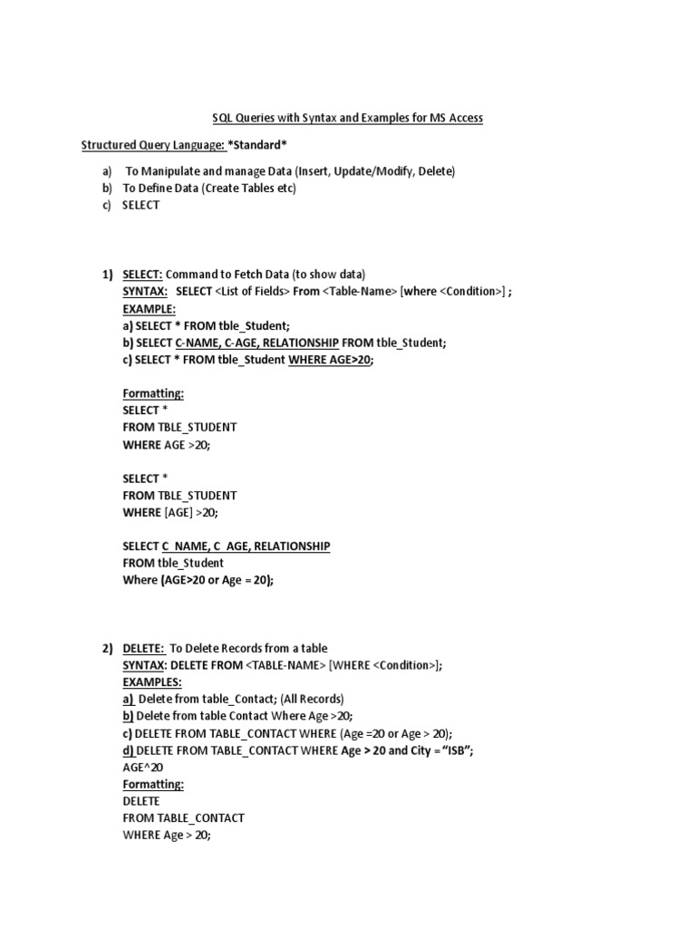 MS Access SQL Queries and Examples | PDF