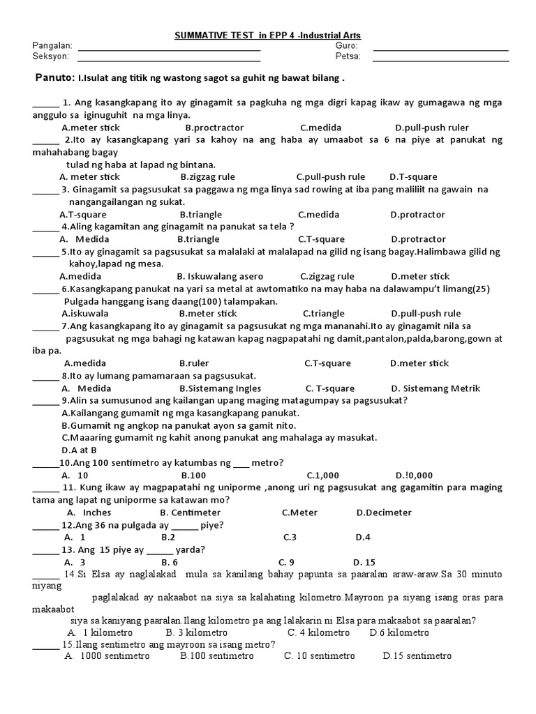 Summative Test in EPP 4 4th Quarter WK 12 | PDF