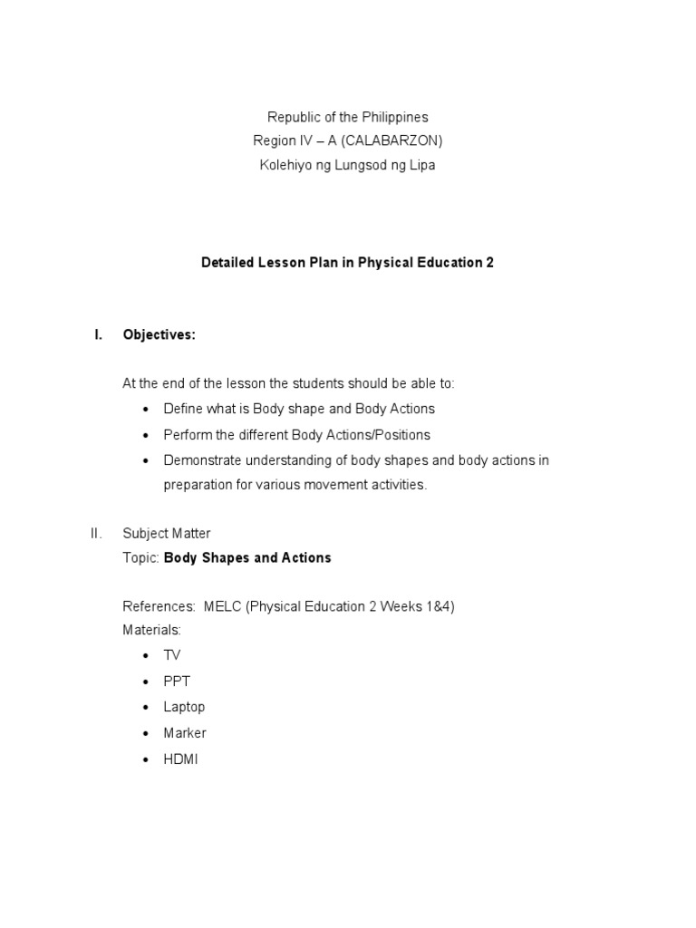 Grade 3 PE Lesson: Body Shapes & Actions | PDF | Pedagogy | Teaching