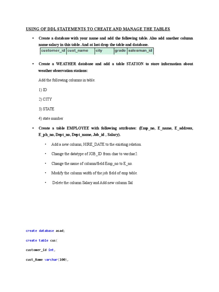 Using of DDL Statements To Create and Manage The Tables: Create ...