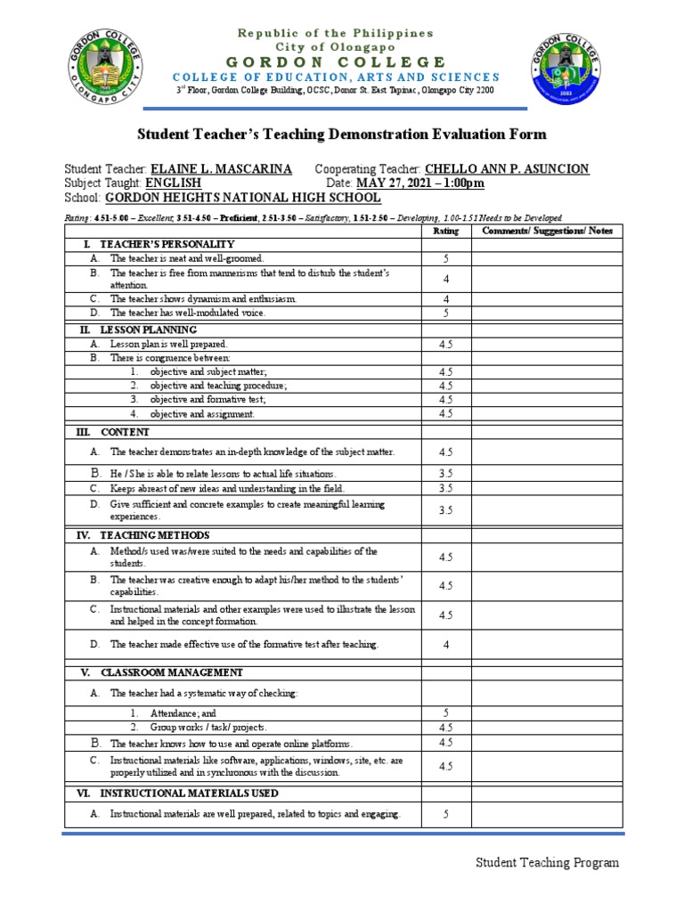 Student-Teaching-Demo-Evaluation-Form-2021 - MS. ELAINE | PDF | Educational Technology | Teachers