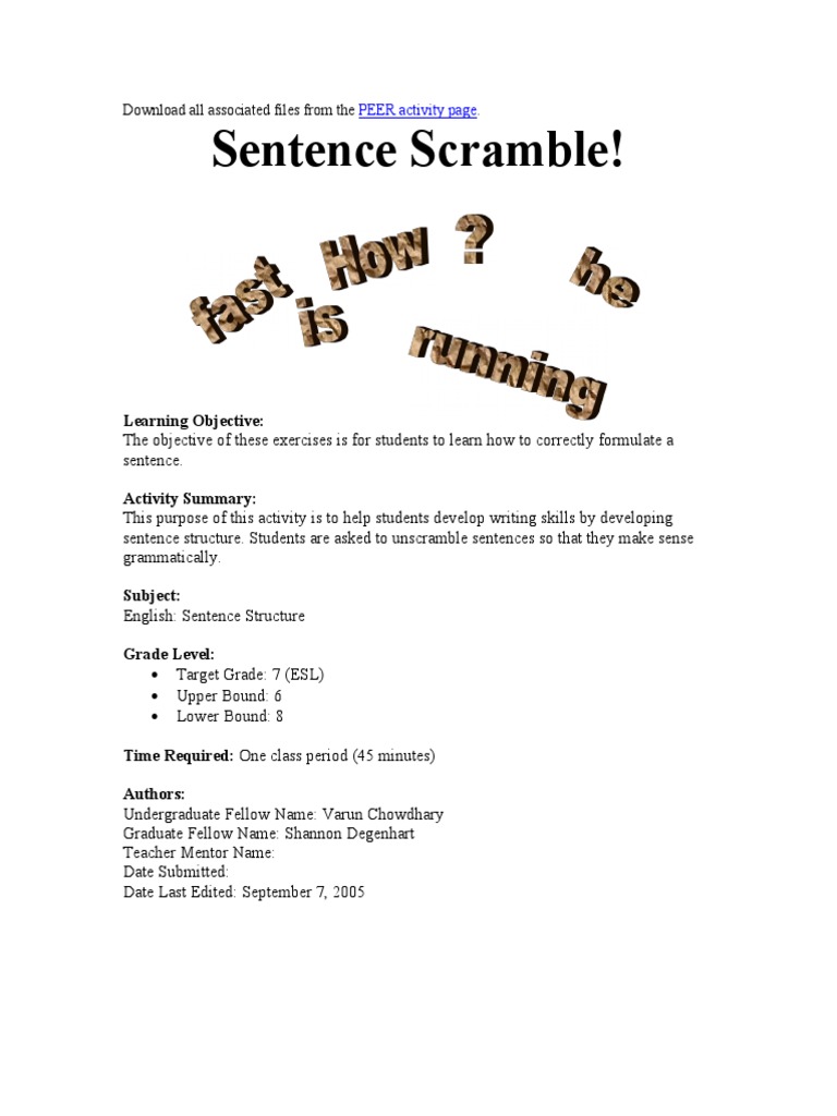 Sentence Scramble Activity for ESL Grade 7 | PDF | Sentence ...