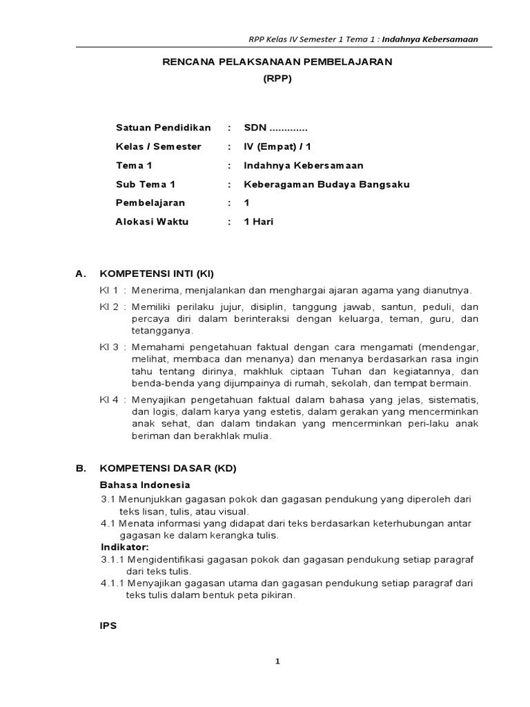 RPP SD Kelas 4 Tema 1 Indri 2 | PDF