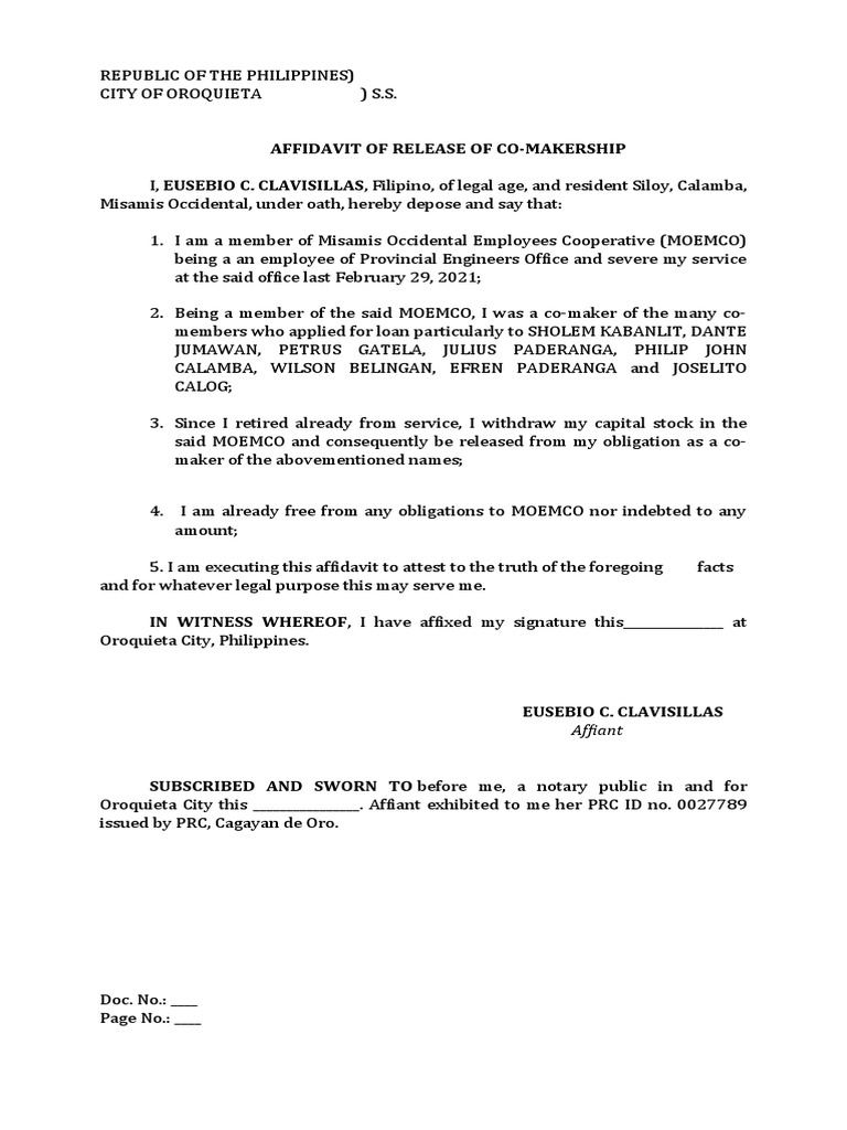 Affidavit of Release As Co-Maker | PDF