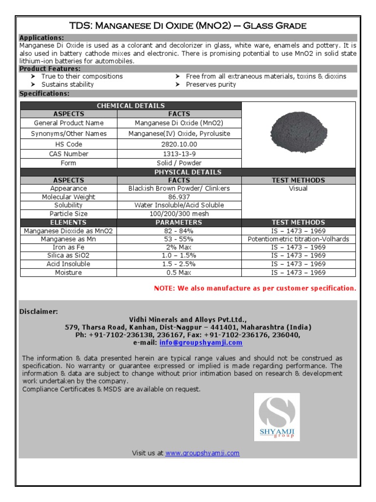 TDS: Manganese Di Oxide (Mno2) - Glass Grade: Chemical Details | PDF ...