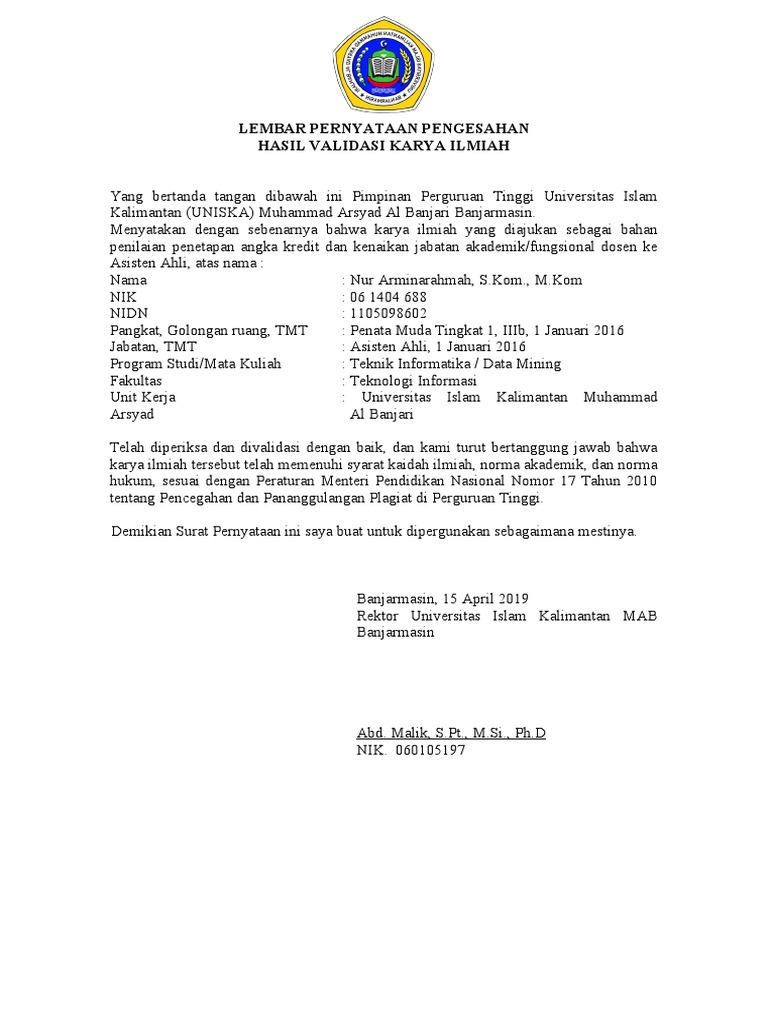 Surat Pernyataan Keaslian Karya Ilmiah Versi Kopertis | PDF