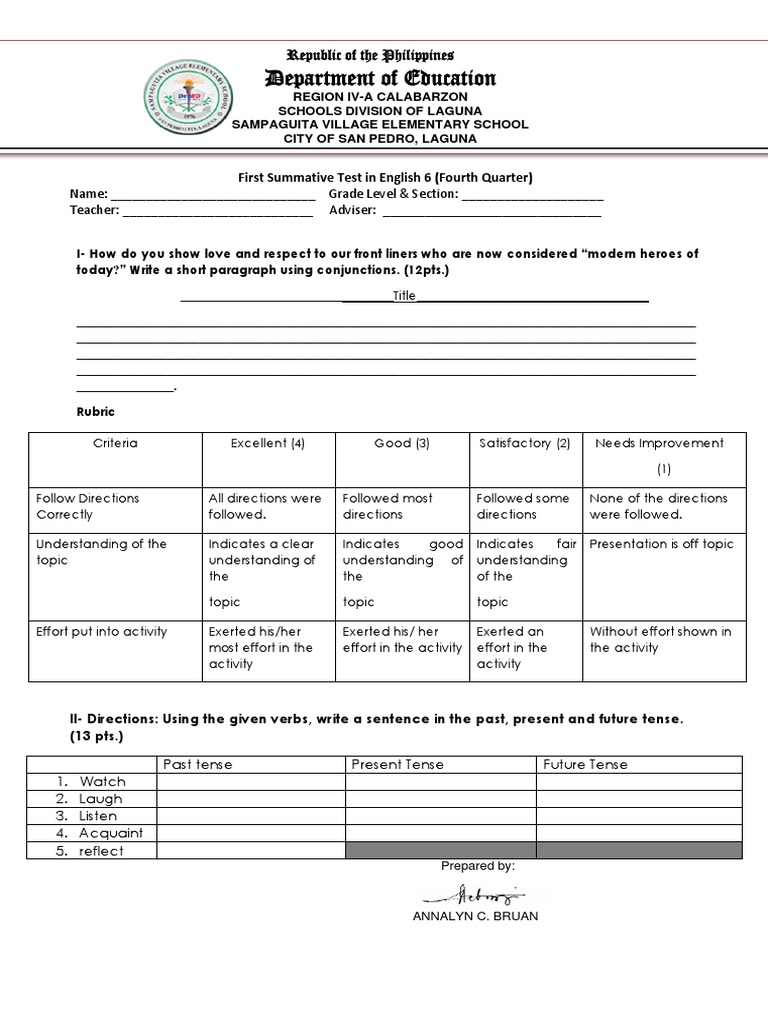 Department of Education: First Summative Test in English 6 (Fourth ...
