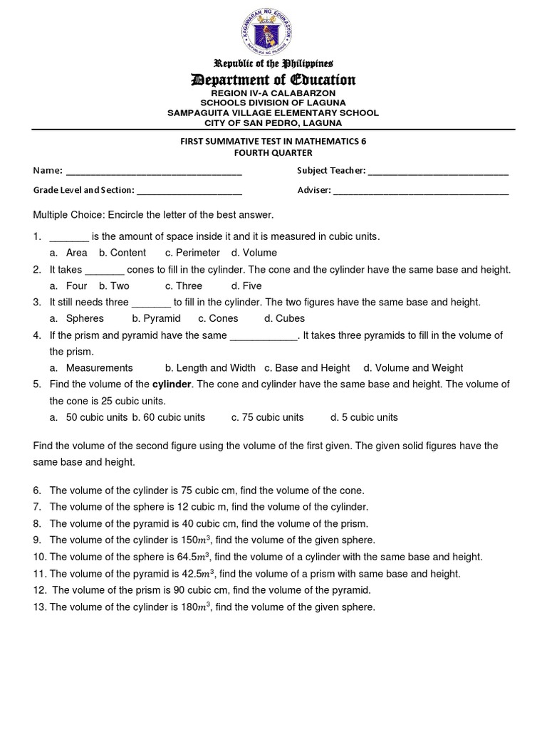 4th Quarter Math Summative Test Grade 6 | PDF | Volume | Metrology