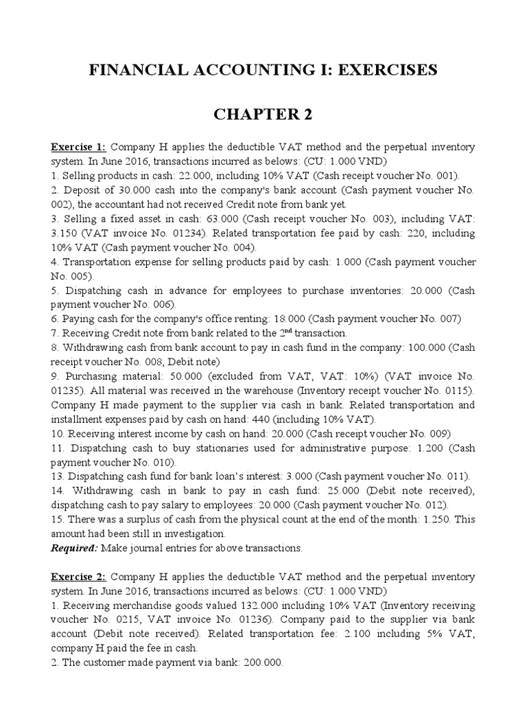 Financial Accounting I: Exercises: Exercise 1: Company H Applies The ...