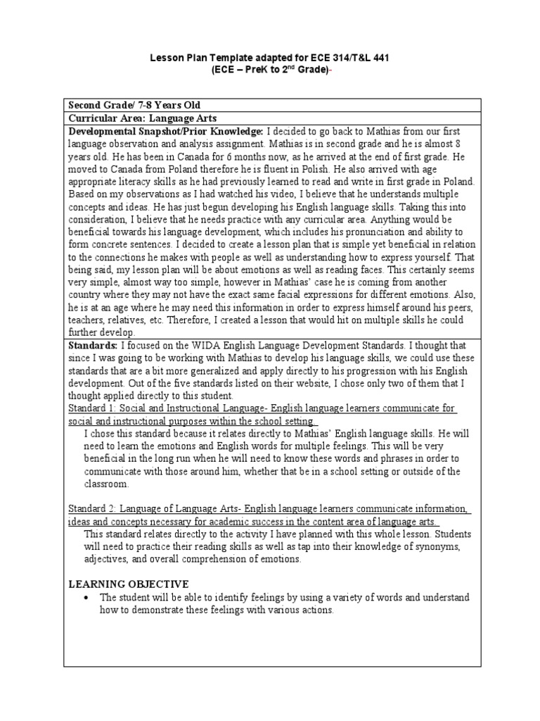 Lesson Plan Template Adapted For Ece 314/T&L 441 (Ece - Prek To 2 Grade ...
