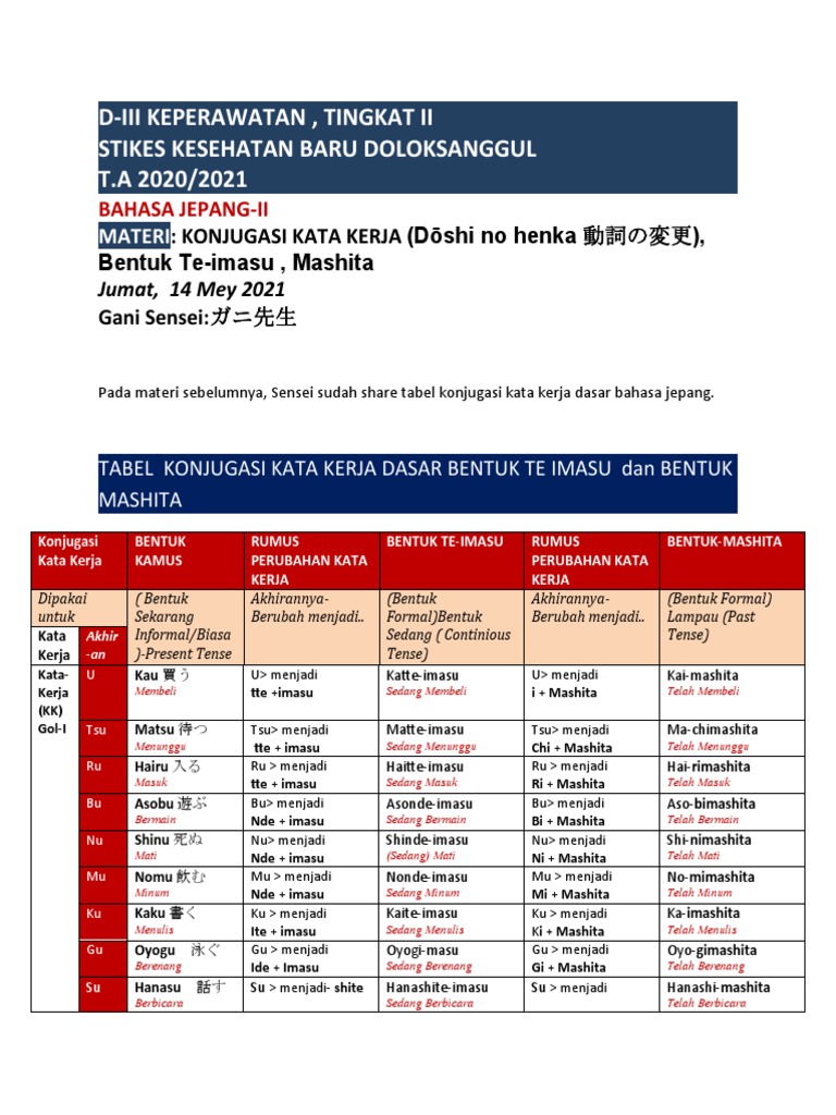 Materi Kata Kerja Bentuk Te-Imasu Dan Mashita | PDF