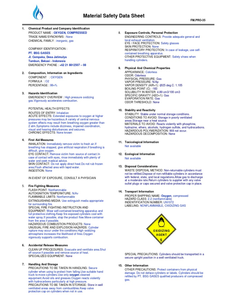 Material Safety Data Sheet: Oxygen, Compressed | PDF | Fires | Firefighting