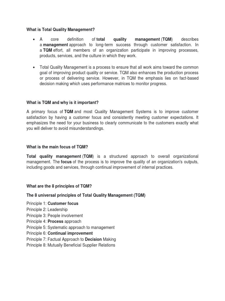 Definition, Principle and Concept of TQM | PDF | Quality Management ...