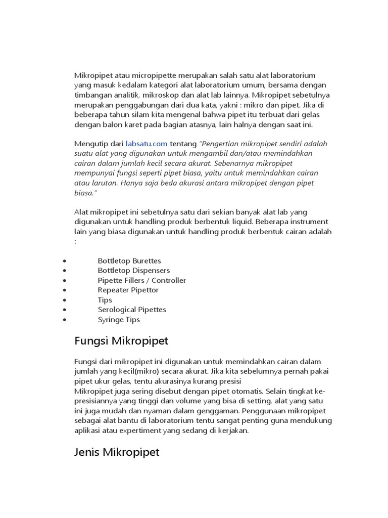 Fungsi dan Jenis Mikropipet Laboratorium | PDF