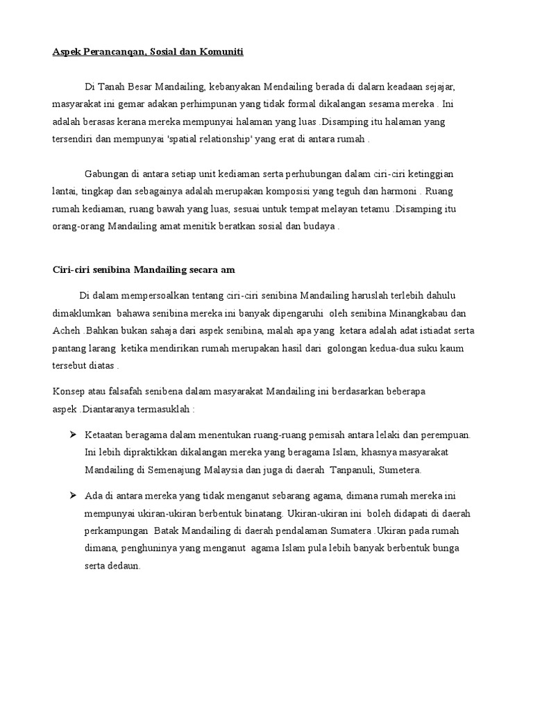 Ciri-Ciri Budaya dan Senibina Mandailing | PDF
