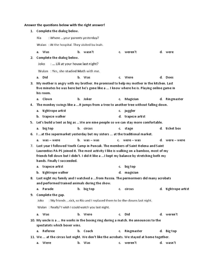 Answer The Questions Below With The Right Answer! | PDF | Circus ...