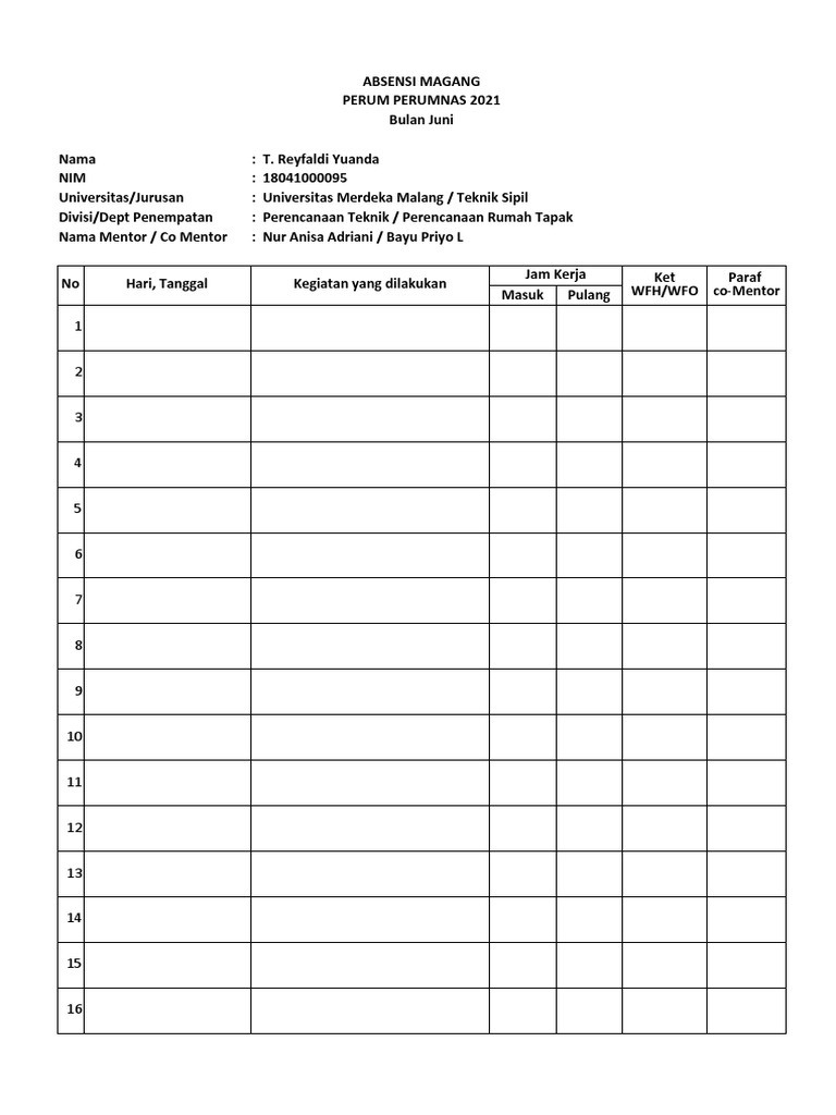 Format Absensi Magang 2021 | PDF