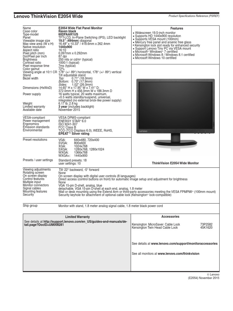 ThinkVision E2054 Monitor Specs | PDF | Computer Monitor | Display ...
