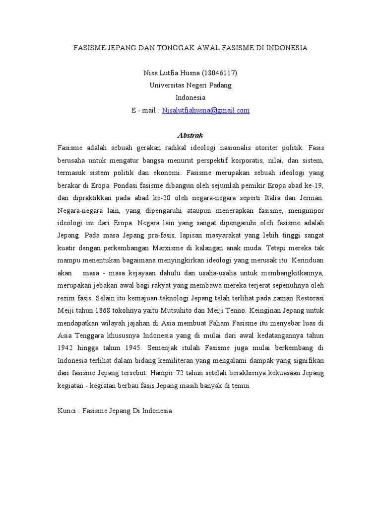 Nisa Lutfia Husna (18046117) Artikel Fasisme Jepang Dan Tonggak Awal Fasisme Di Indonesia | PDF