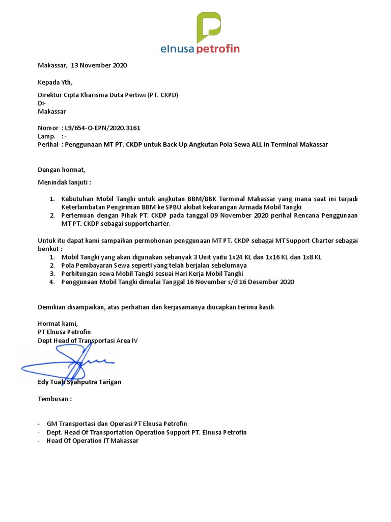 Surat Penggunaan Mobil Tangki CKDP Sebagai Supportcharter | PDF ...