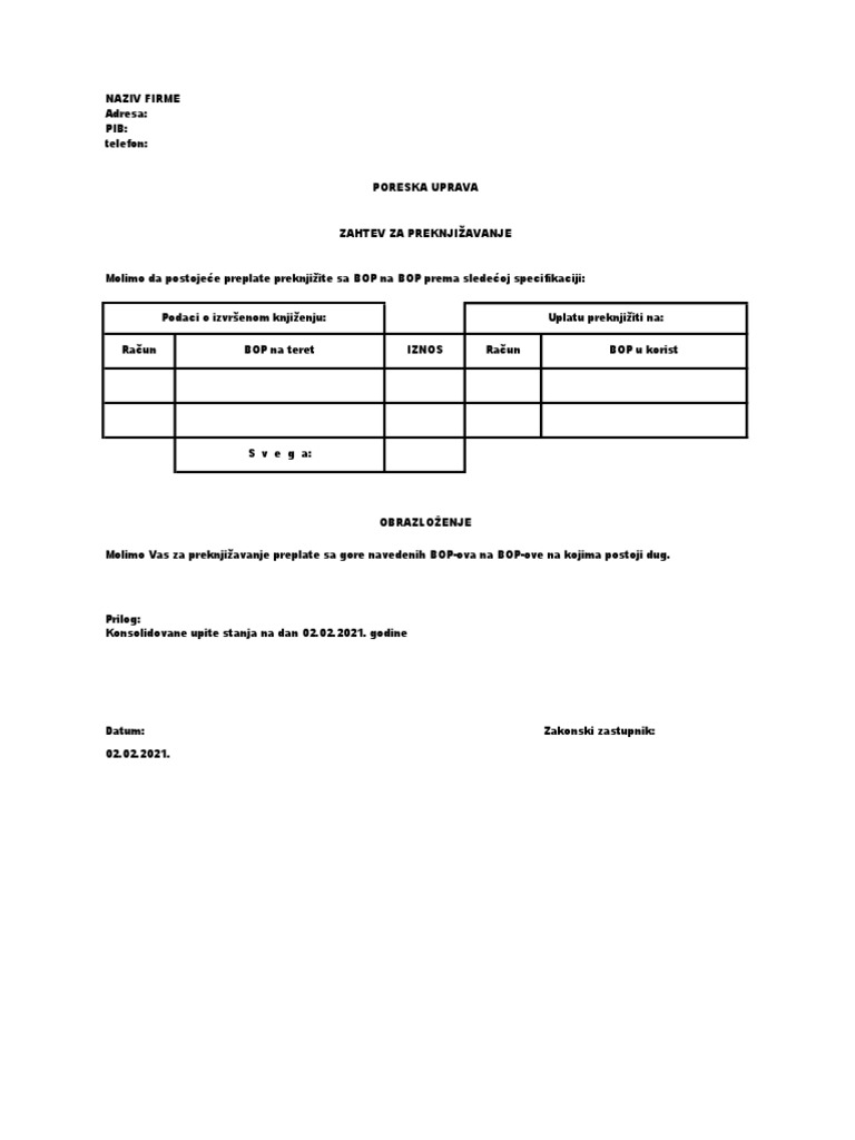 Zahtev Za Preknjižavanje - Primer | PDF