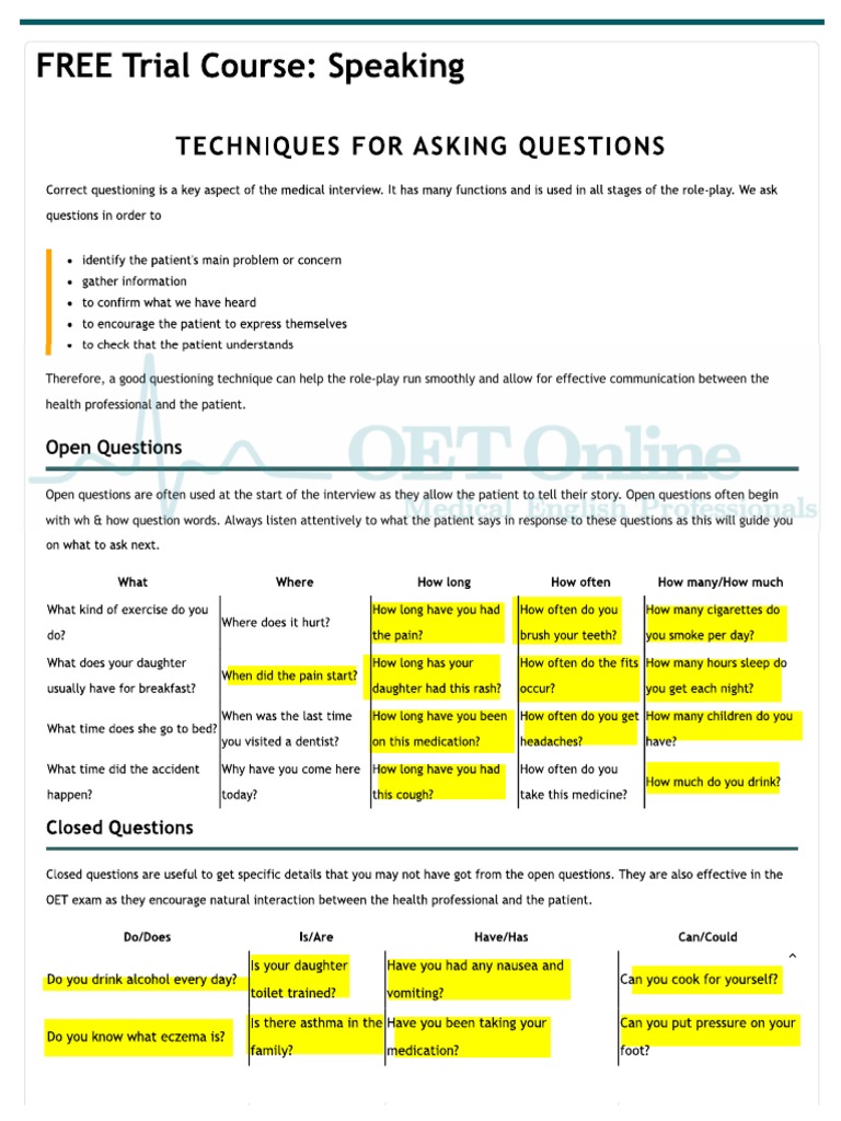 Oet Speaking Questions | PDF