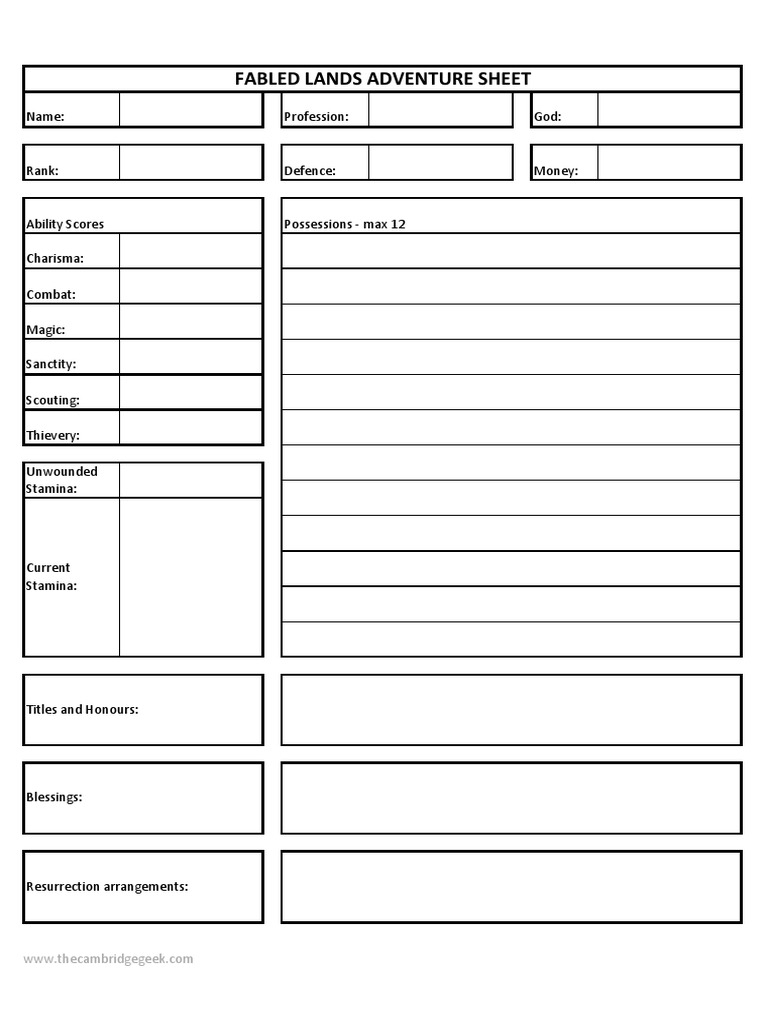 Fabled Lands Adventure Sheet | PDF | Nature