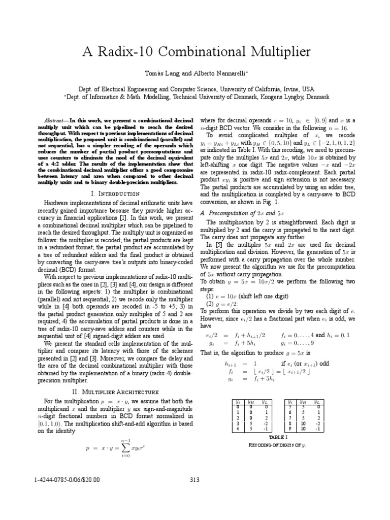 A Radix-10 Combinational Multiplier | PDF | Binary Coded Decimal | Multiplication