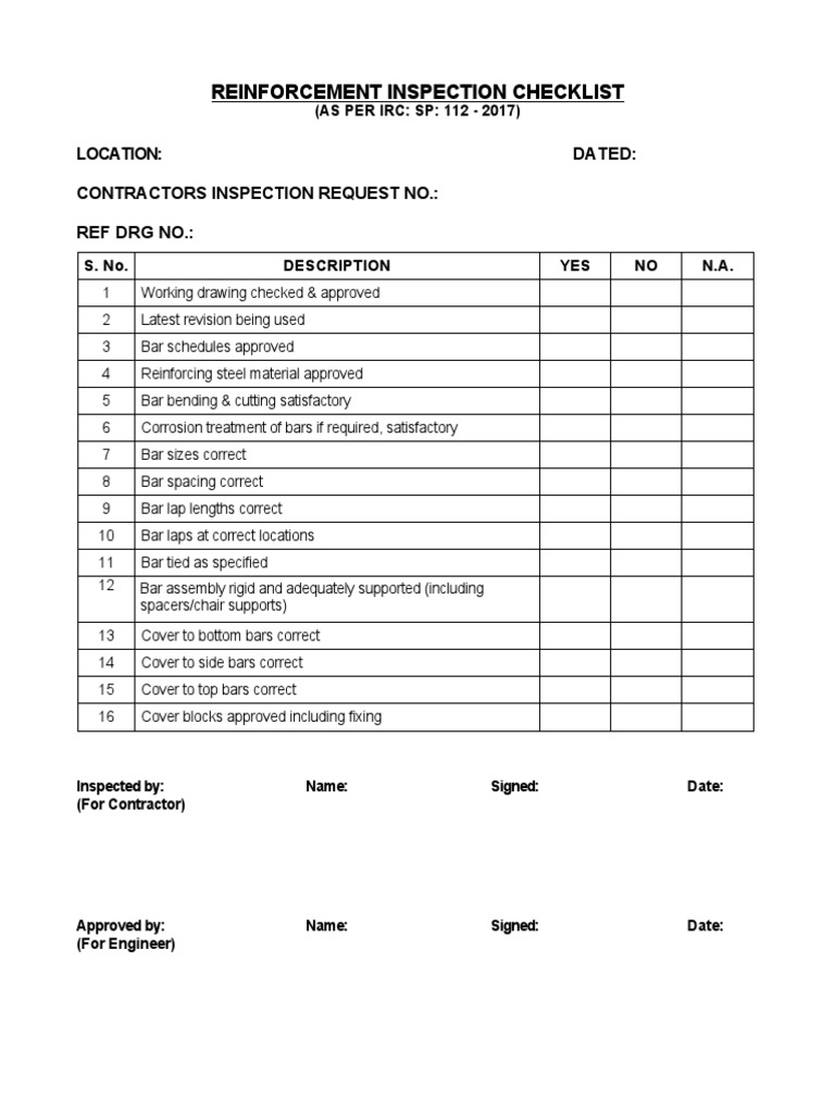 Reinforcement Inspection Checklist: Location: Dated: Contractors ...