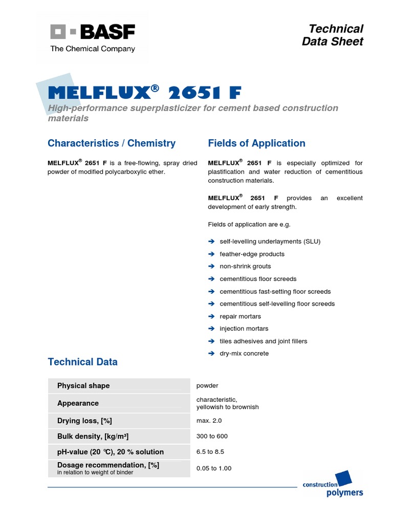 Melflux 2651 F: Technical Data Sheet | PDF | Polyethylene | Concrete